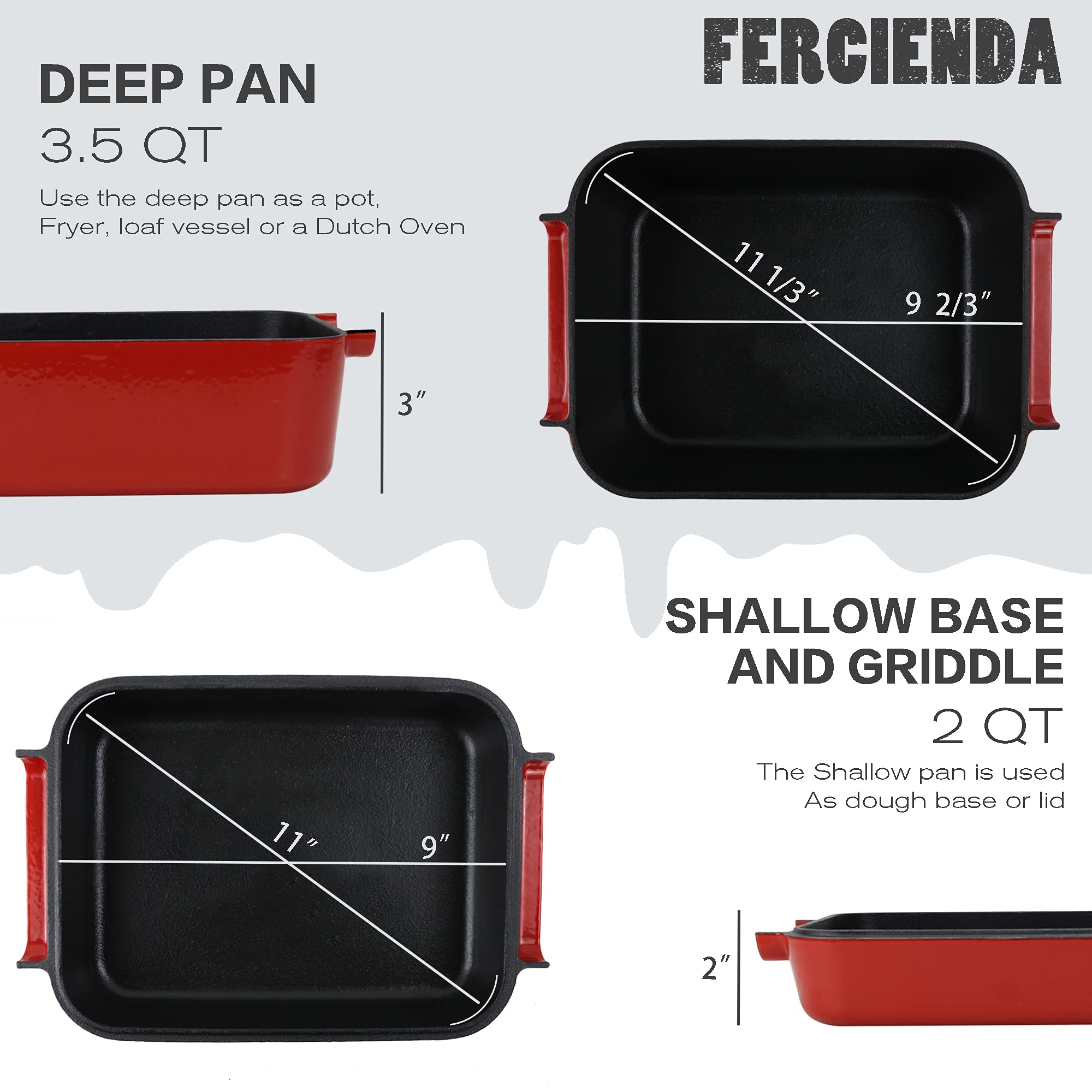 Fercienda 2 in 1 Enameled Cast Iron Pan, 3.5 Quart Double Dutch Oven Set and Rectangle 1.8 Quart Skillet Lid, Use as Loaf Pan or Bread Pan,Cherry