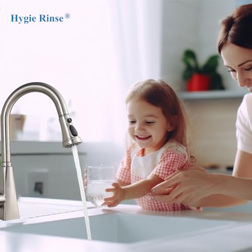 Hygie Rinse Pull Down Faucet Head Replacement with 11 Adapters Compatible with Moen Delta Kohler Curve Faucet Head, 3 Function Kitchen Sink Faucet Sprayer Head Fit Most Faucet, Brushed Nickel
