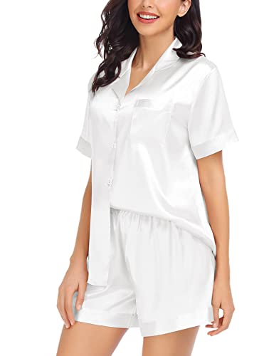 SWOMOG Couple Matching Pajamas Set Satin Short Sleeve Sleepwear Silky Pj Set for Women Button-Down Two-Pieces Nightwear