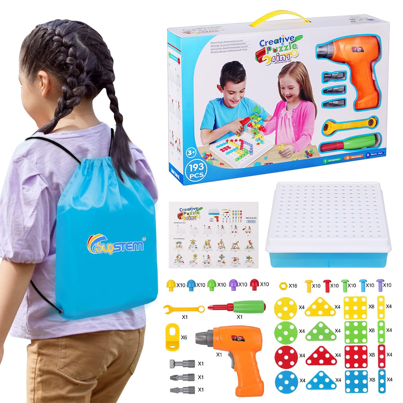 SUPSTEM Creative Toys for Kids 4-8, Mosaic Drill Set with Screwdriver Tool Playset, Electric Drill Toy with Rainbow Fasteners, Premium STEM Building Set for Ages 3+