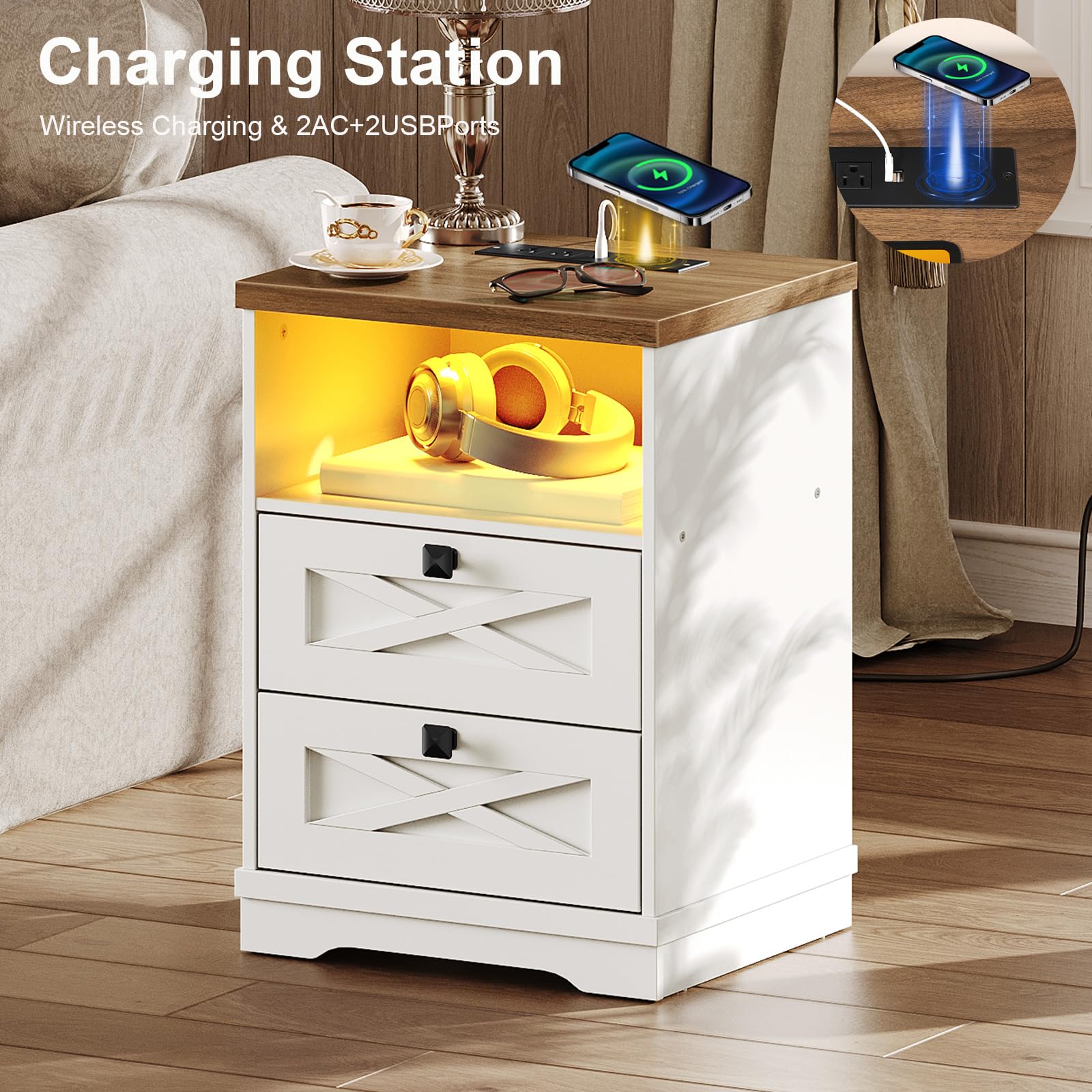 HOOBRO Nightstand with Wireless Charging Station and LED Lights, Farmhouse End Table with 2 Drawers and Open Shelf, Smart LED Side Table with Wireless and USB for Bedroom, Antique White WH140UDBZ01