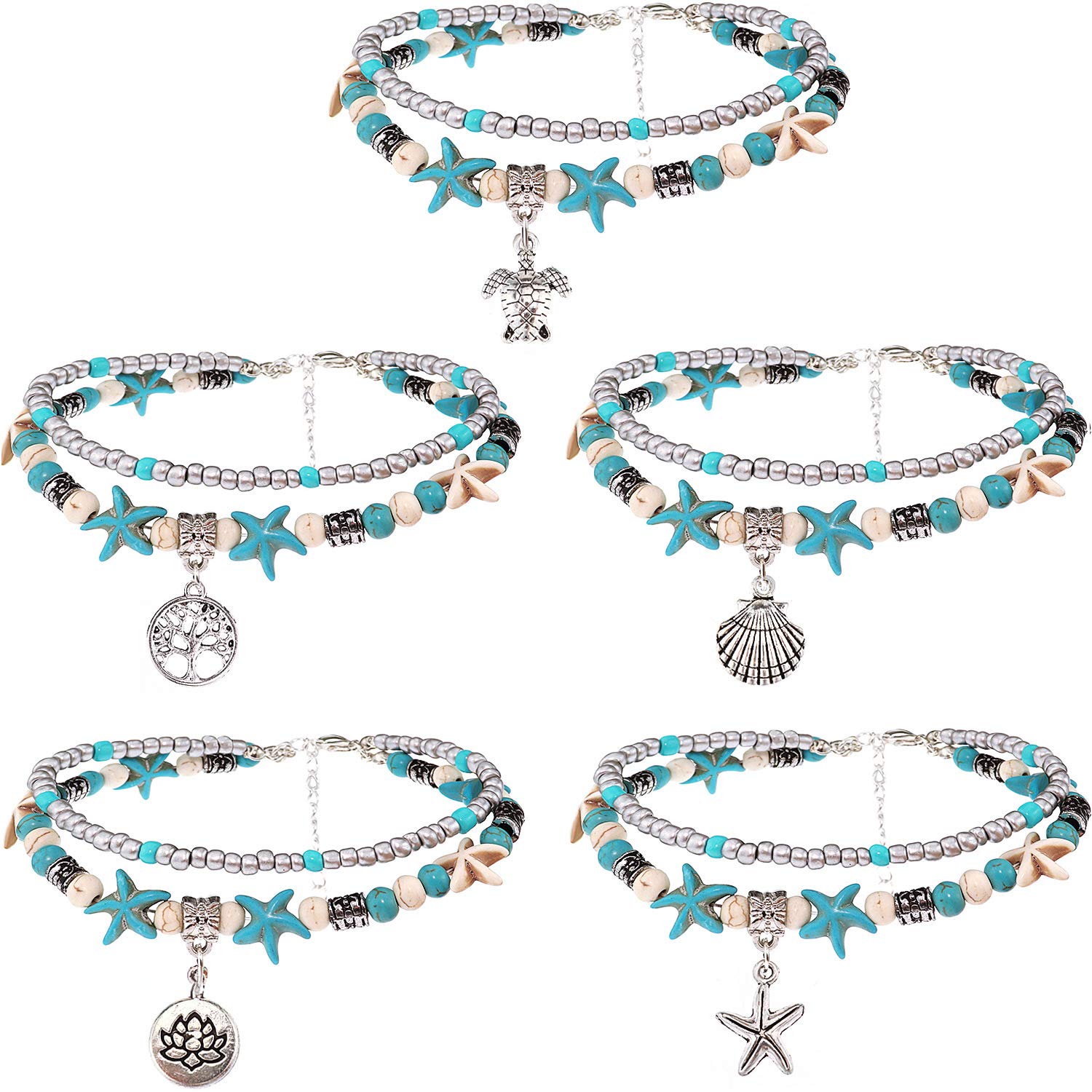 Suyi Sea Turtle Ankle Bracelet Set Multilayer Beach Anklets Handmade Boho Anklets for Women 5pcs