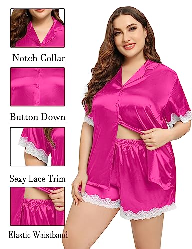 SWOMOG Plus Size Satin Pajama Set for Women Silk Satin Pj Set Short Sleeve Button Down Loungewear 2 Pcs Soft Lace Trim Nightwear Rose Red