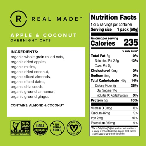 Real Made Organic Overnight Oats Apple Coconut, 5 Meals 2.12oz Packets, No Sugar Added, Certified Organic Non - GMO, Vegan, Gluten Free Ingredients, Great Source of Protein and Fiber