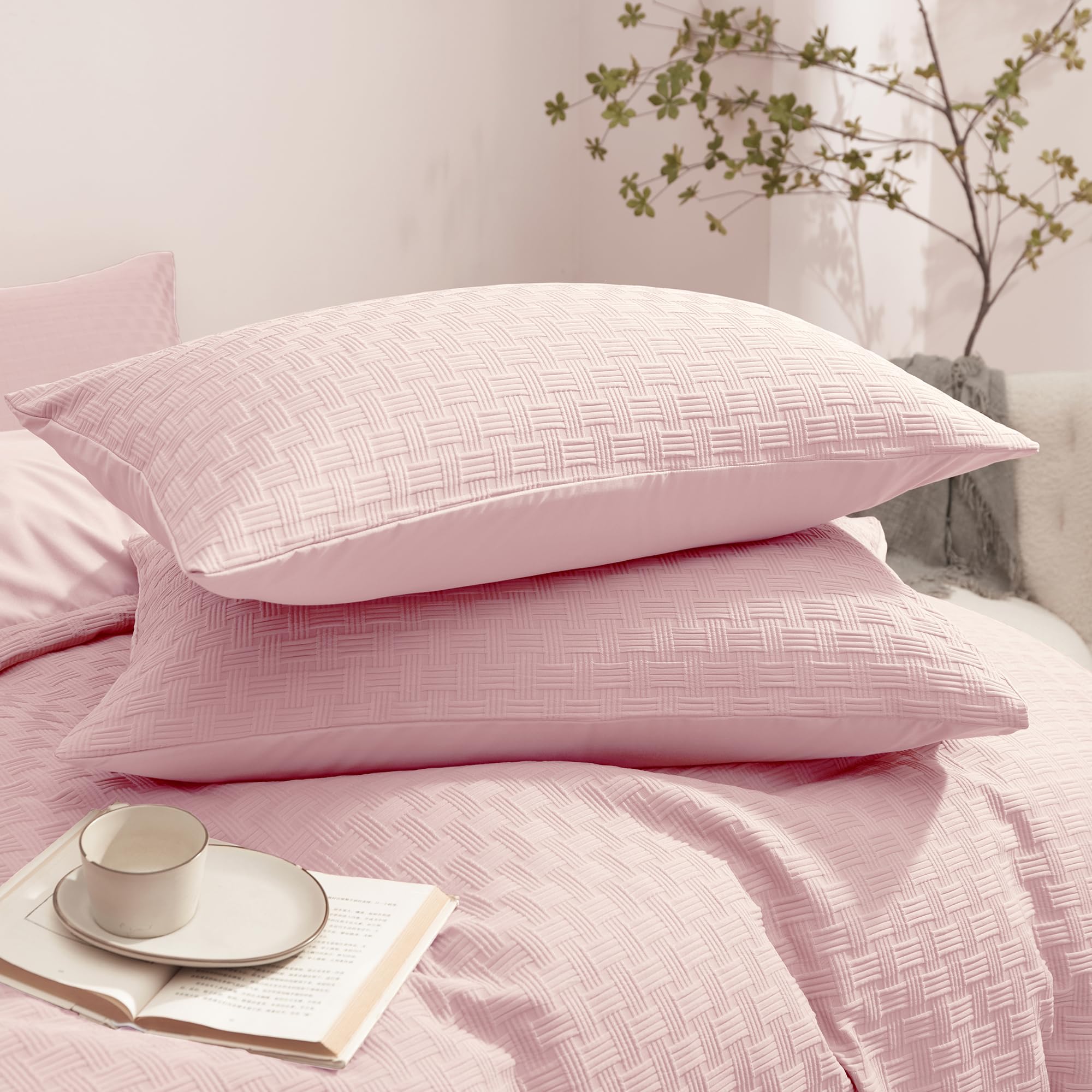 JELLYMONI Pink Duvet Cover Full Size - 3 Pieces Soft and Breathable Microfiber Knitted Jacquard Waffle Weave Striped Comforter Cover with 8 Corner Ties & Zipper Closure