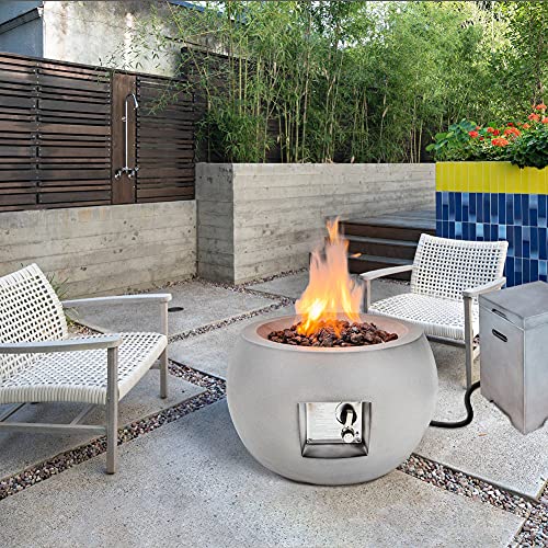 Limor Propane Fire Pit Outdoor, Propane Gas Fire Bowl with Lava Rocks Cover, Auto-Ignition Outdoor Fireplace for Courtyard Balcony Garden Terrace, 40000 BTU, Light Grey ((with Handles))