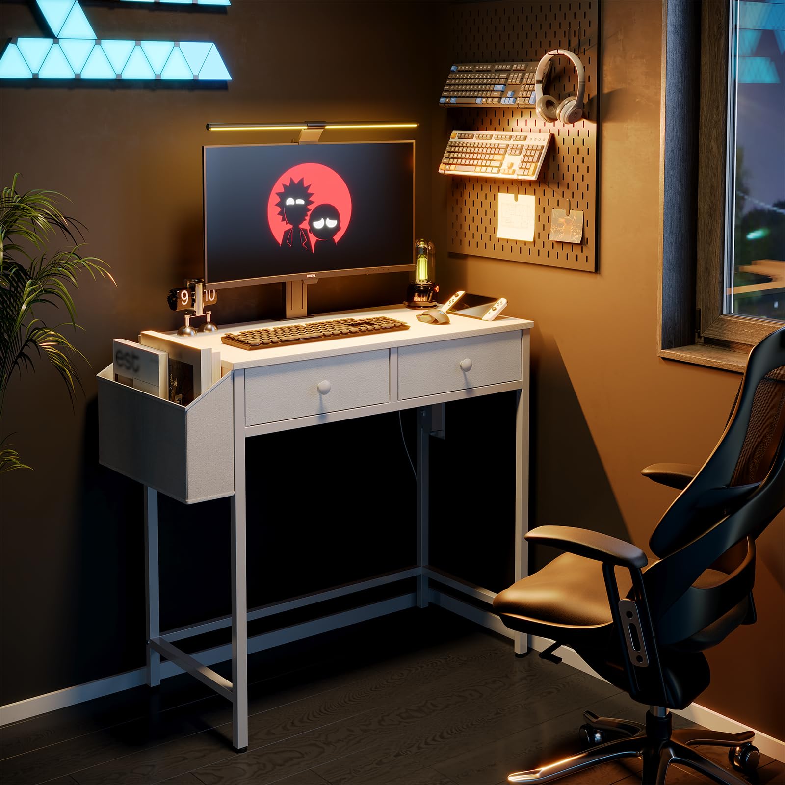 HOOBRO Small White Computer Desk with Power Outlet, 32 Inch Home Office Computer Desk with 2 Fabric Drawers, Study Desk for Small Spaces, with Side Pocket, for Study, Living Room, White WW42UDN01