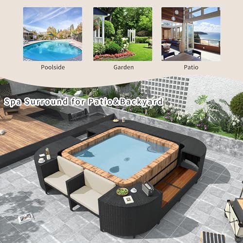 LOUHME c - Outdoor Rattan Sectional Sofa Set with Mini Couch, Patio Conversation Set Featuring Wooden Seats and Storage Spaces, for Garden and Poolside, Beige