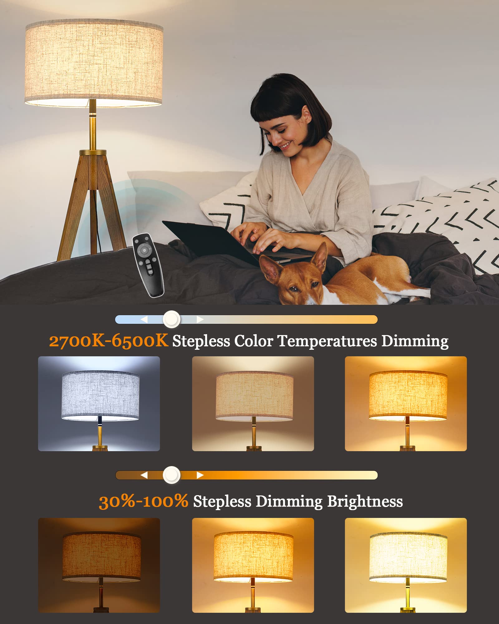 ELYONA Tripod Floor Lamp with Remote for Bedroom, Solid Ash Wood, Stepless Dimmer & Color Temperature LED Bulb Included, Mid Century Modern Touch Control Standing Light for Living Room, Brown