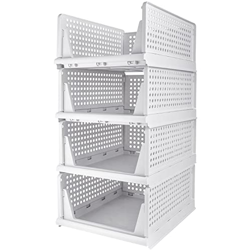 Mupera Stackable Plastic Storage Basket - Upgraded Large White Folding Storage Bins, Plastic Push-pull Clothes Organizer Shelf, Collapsible Storage Organizer for Wardrobe Bathroom Kitchen (4 Pack)