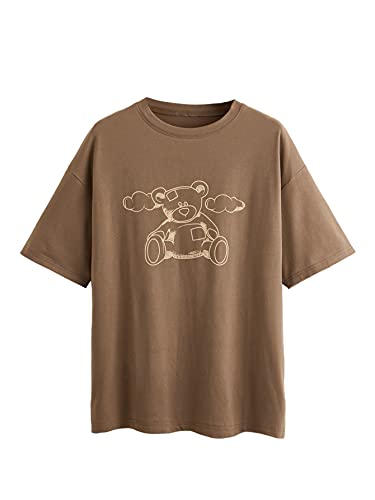SOLY HUX Women's Cartoon Bear Print Short Sleeve Tee Casual Summer T Shirt Top Mocha Brown L