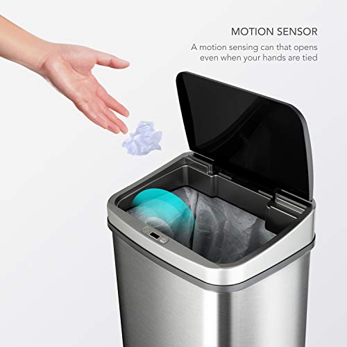 NINESTARS DZT-50-28BR Automatic Touchless Motion Sensor Oval Trash Can, Black Top, 13 Gal BR, Brush