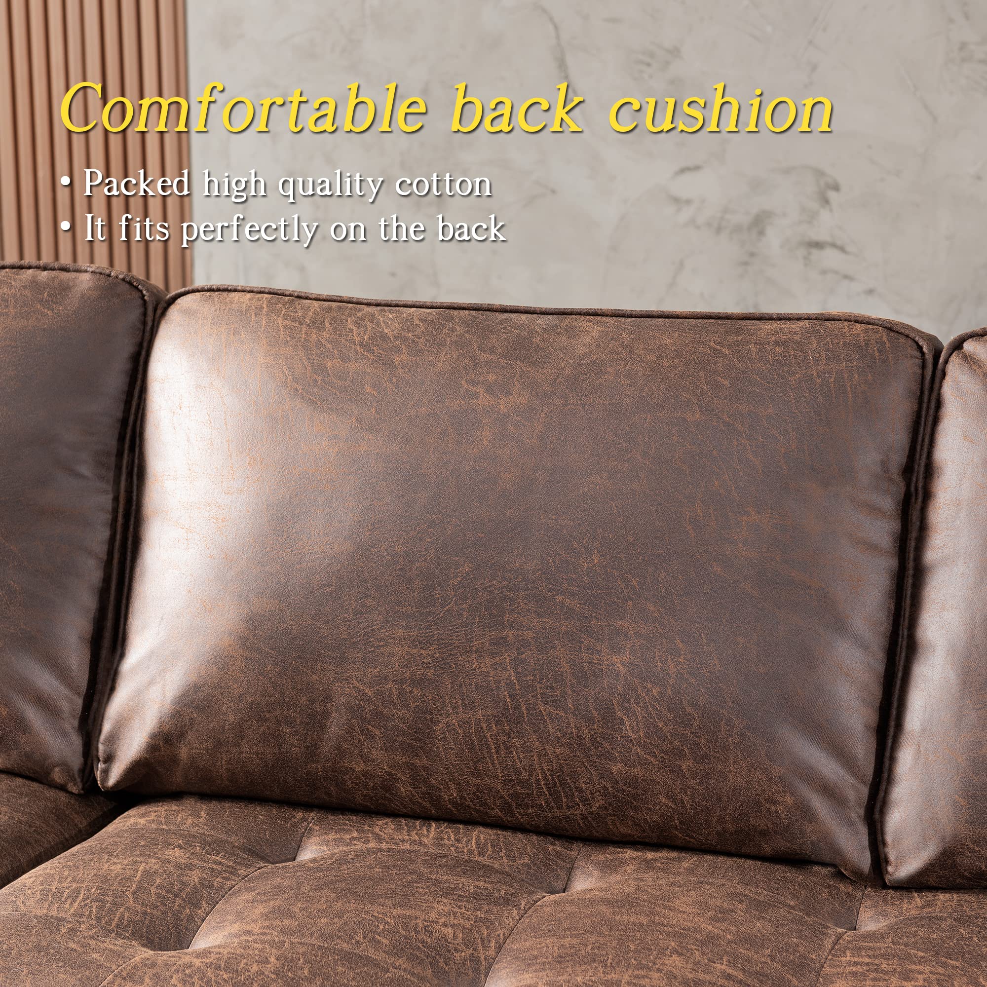 HOOOWOOO 83" Small L Shaped Sofa Couch,Mid Century Modern Tufted Sofa with Right Chaise for Small Living Room Apartment Office,Brown Faux Suede