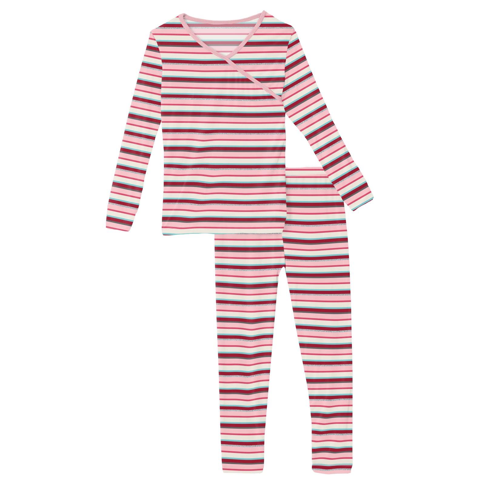 KicKee Pants Print Pajamas Set, Long Sleeve Kimono Style PJs, Ultra Soft and Snug Fitting (Anniversary Bobsled Stripe - 2T)