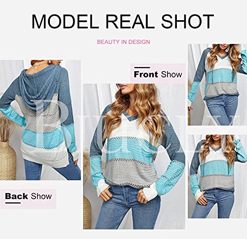 SHEWIN Womens Striped Color Block Lightweight Knit Sweater Hoodies Casual Long Sleeve V Neck Drawstring Pullover Sweatshirts Fall Sweaters for Women 2023,US 12-14(L),Sky Blue