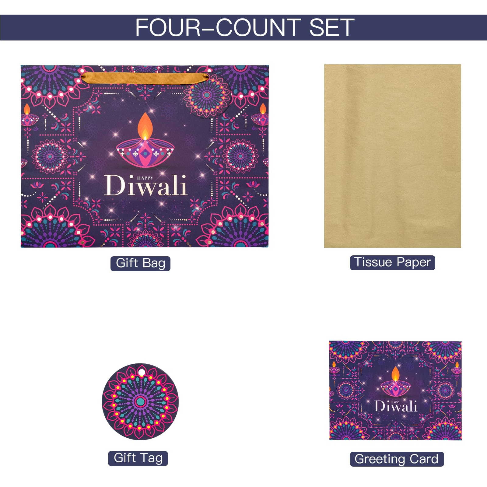 Loveinside Diwali Gift Bag with Tissue Paper, Gift Tag and Greeting Card for Diwali, Autumn, Holiday and Party - 13" x 5" x 10", 1 Pcs, Diwali