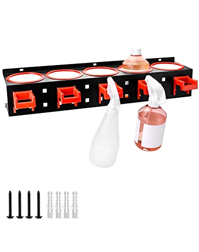 QWORK Spray Bottle Storage Rack, Aerosol Can Rack Organizer Wall Mount, Sprayer Spray/Composite Bottle Holder, Cleaning Detailing Tools Organizer, with 5 Holes and 5 Plastic Hooks
