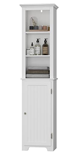 UTEX 64" Freestanding Storage Cabinet, Bathroom Tall Cabinet with Doors and Shelves, Free Standing Linen Tower, Home Storage Furniture,White