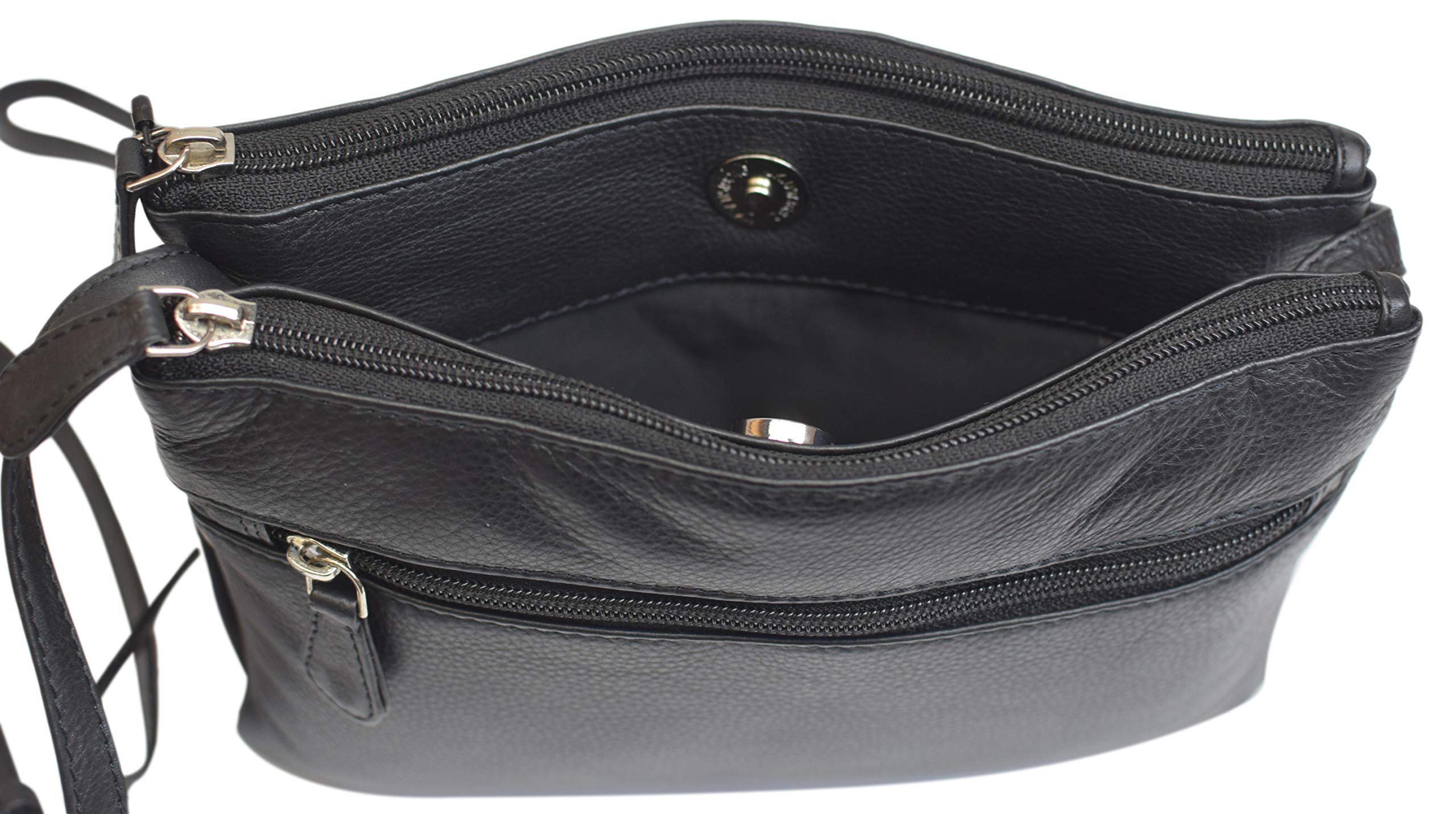 Swiss Marshal Genuine Leather Womens Purse Double Zipper Top Pockets Crossbody Shoulder Bag for Ladies (Black)