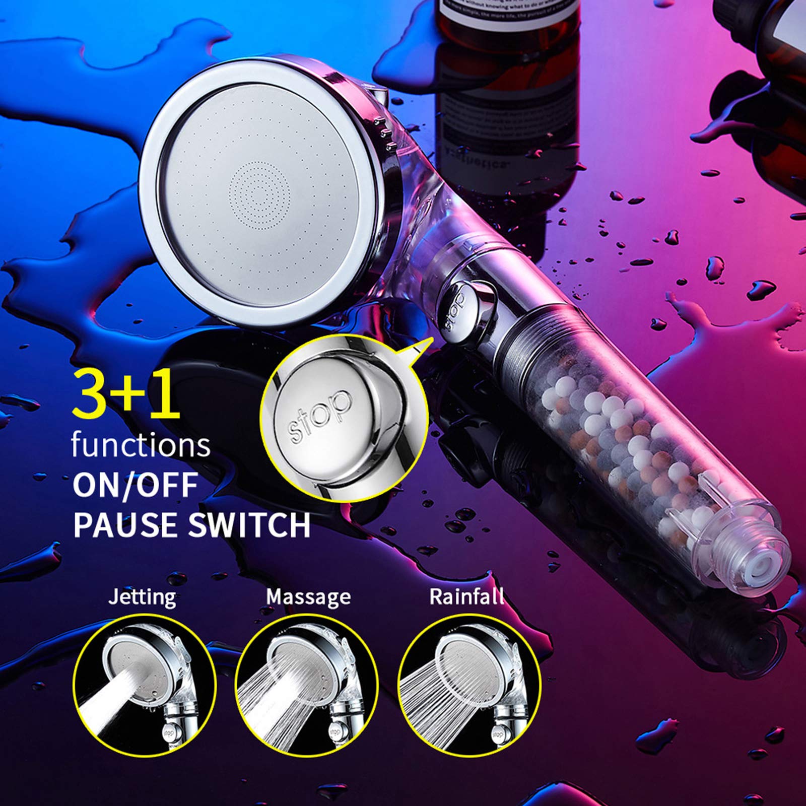 KAIYING Filtered Shower Head with Pausing Switch, High Pressure Hand Held Detachable and Removable Filter Showerhead with 5Ft Hose, Adjustable Angle Bracket (Transparent)