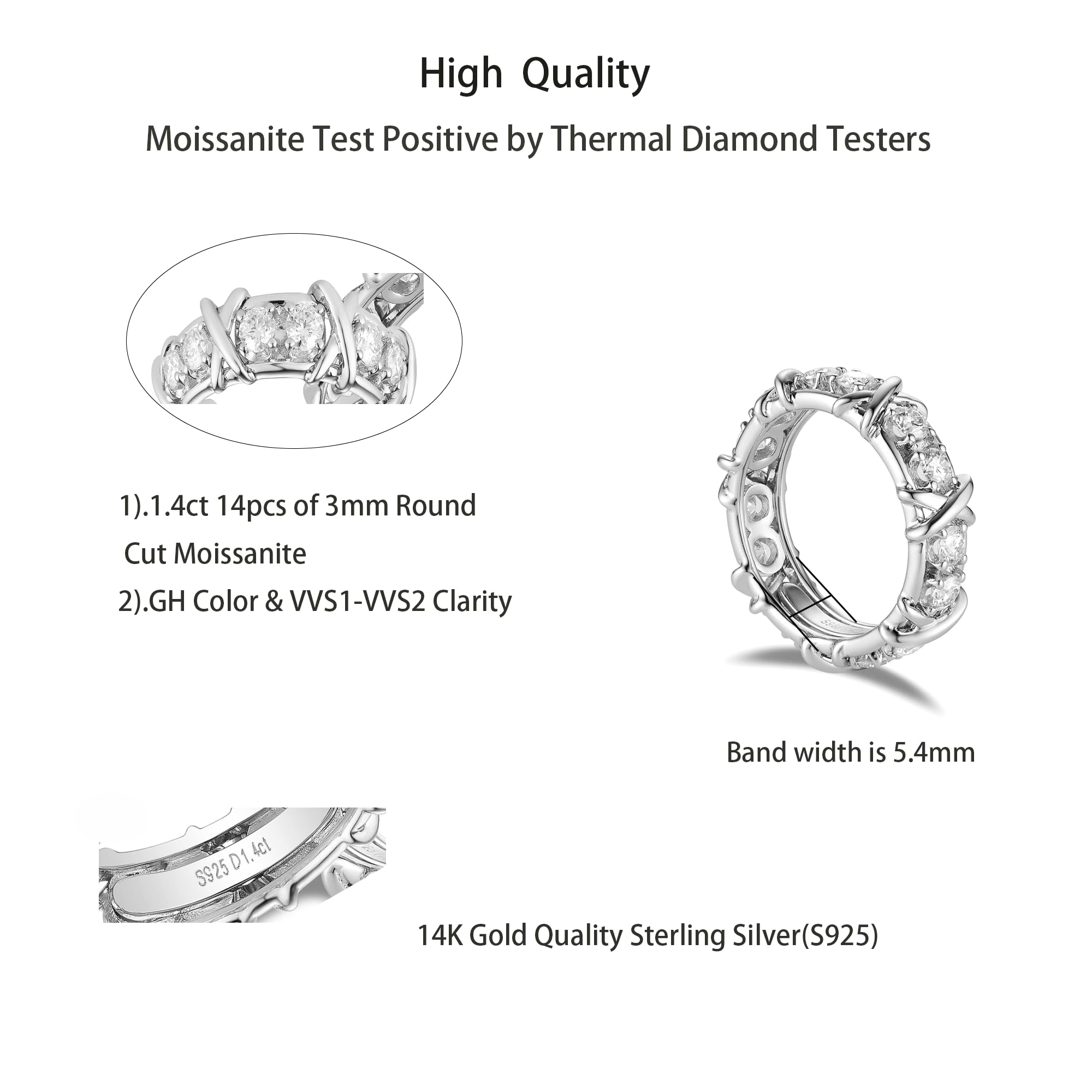 DovEggs 1.4CTW Total GH 3mm Cut Moissanite Lab Created Diamond Engagement Ring Full Eternity Wedding Band 14k Gold QUALITY Silver Engagement Ring for Women(sterling silver X`S 6)