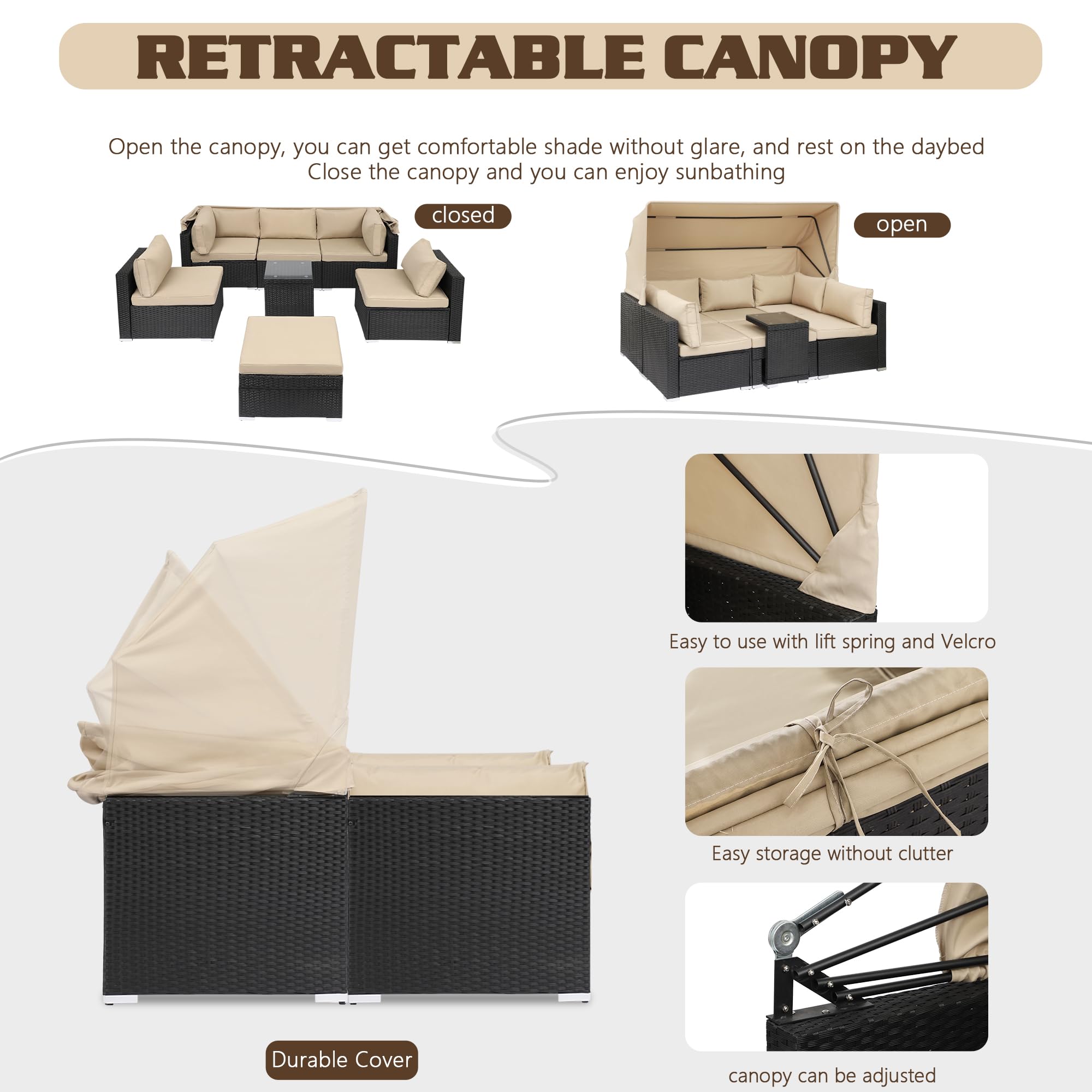 LETATA 7 Pieces Wicker Patio Furniture Sets, Rattan Daybed with Retractable Canopy, Outdoor Sectional Sofa Set with Adjustable Backrest, Chaise Chair Sunbed for Garden Poolside Backyard (Khaki)