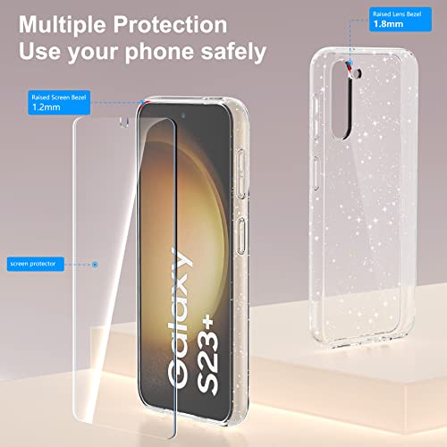 KSWOUS Glitter Case for Samsung Galaxy S23 Plus, with Screen Protector[2 Pack], Clear Bling Sparkly Cute Shockproof Protective Slim Cover for Women Girls for S23 Plus Case