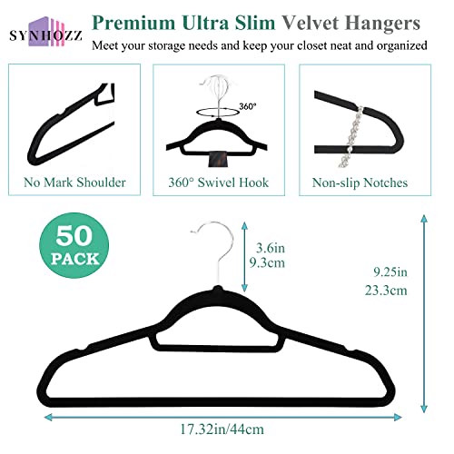 Synhozz Premium Black Velvet Hangers 50 Pack Non-Slip Clothes Hangers Ultra Slim & Space Saving - Heavy Duty Velvet Suit Hangers with Tie Bar