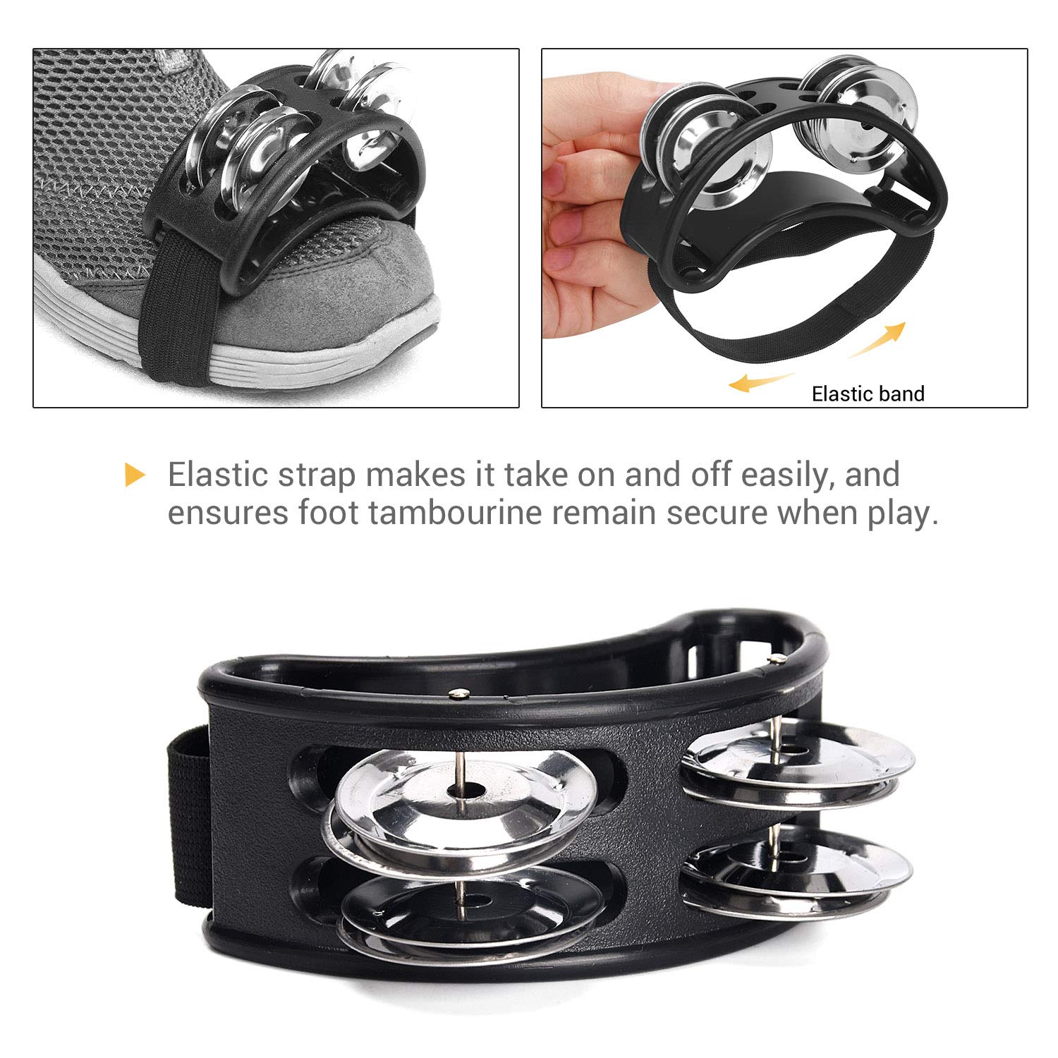 Facmogu 2PCS Foot Tambourine Percussion, Musical Instrument Percussion Pedal with Steel Jingle Bells for Drum & Guitar Playing, Foot Percussion Shakers with Elastic Strap for Adults - Black