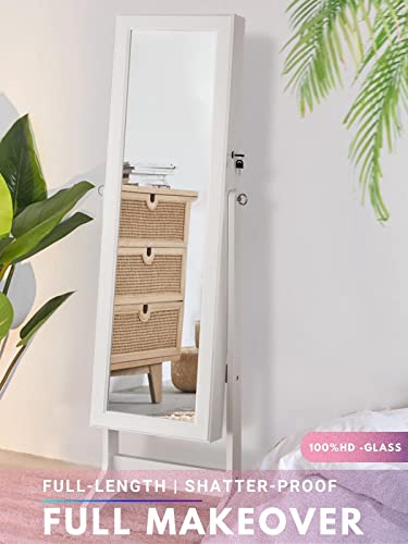 YOKUKINA Jewelry Cabinet Free Standing Large Storage Lockable Armoire, Full Length Dressing Mirror Organizer(White)