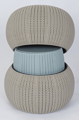 Keter Urban Knit Pouf Ottoman Set of 2 with Storage Table for Patio and Room Décor - Perfect for Balcony, Deck, and Outdoor Seating, Misty Blue & Taupe