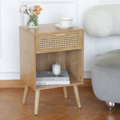 MaxSmeo Rattan Nightstand Small Side Table, End Table Living Room Modern Nightstand, Wood Nightstand with Drawers and Open Shelf (Natural Walnut)