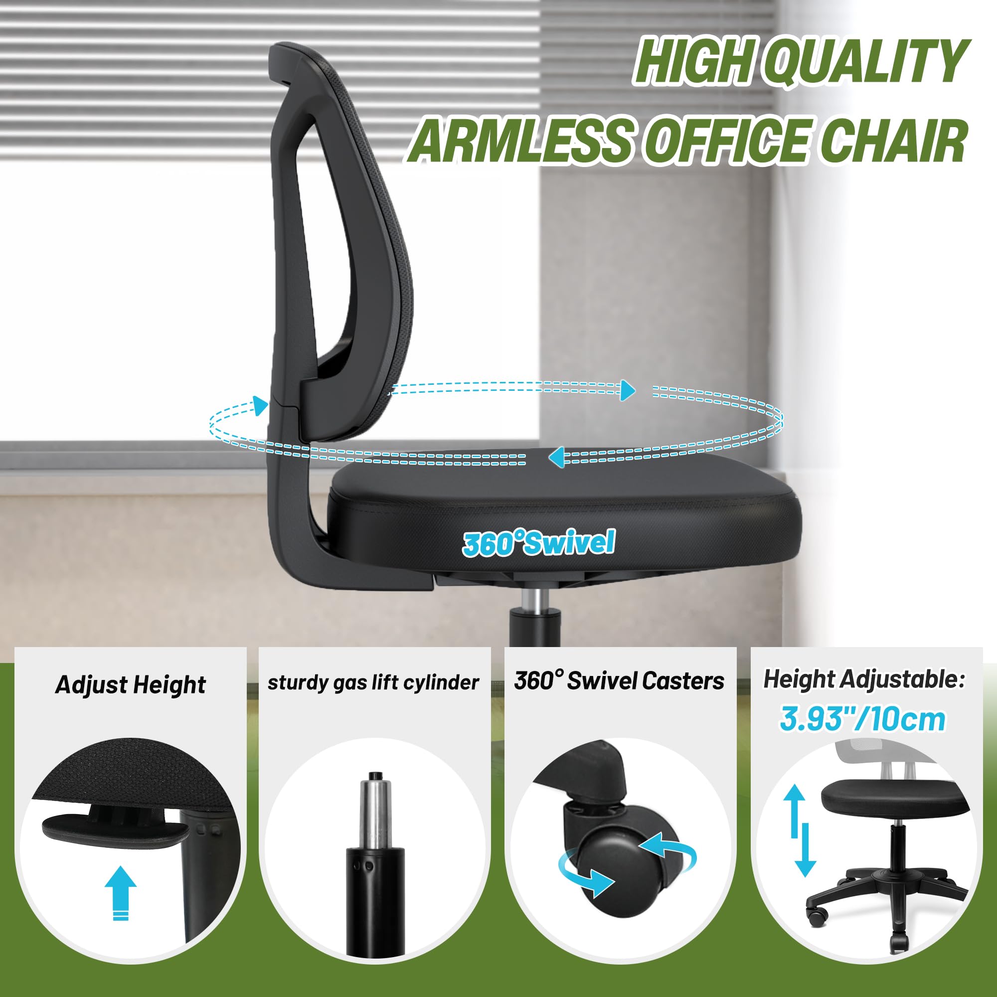 Modern Comfy Ergonomic No Arms Cute Office Swivel Computer Desk Task Chair with Adjustable Height Seat and Lumbar Support for Office Home Work Study