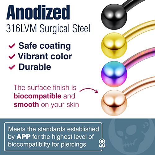 Evonix 2pc 16g Gold Anodized Surgical Steel Curved Barbell 4mm Ball Eyebrow Belly Bar Lip Tragus Ring Piercing Jewelry - 6mm