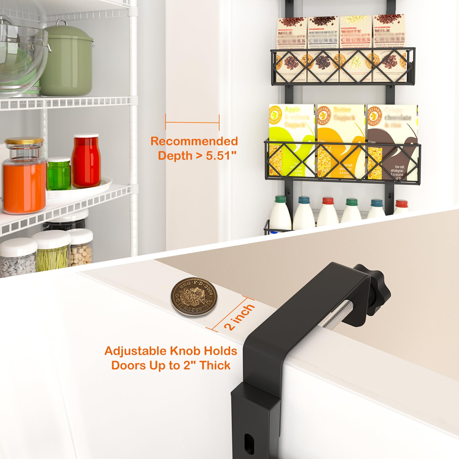 Over the Door Pantry Organizer 8-Tier Adjustable Baskets Hanging Spice Door Rack Narrow - 13.78" W x 65.16" H Behind the Door Storage for Kitchen, Bathroom, and Closet Organization- Black