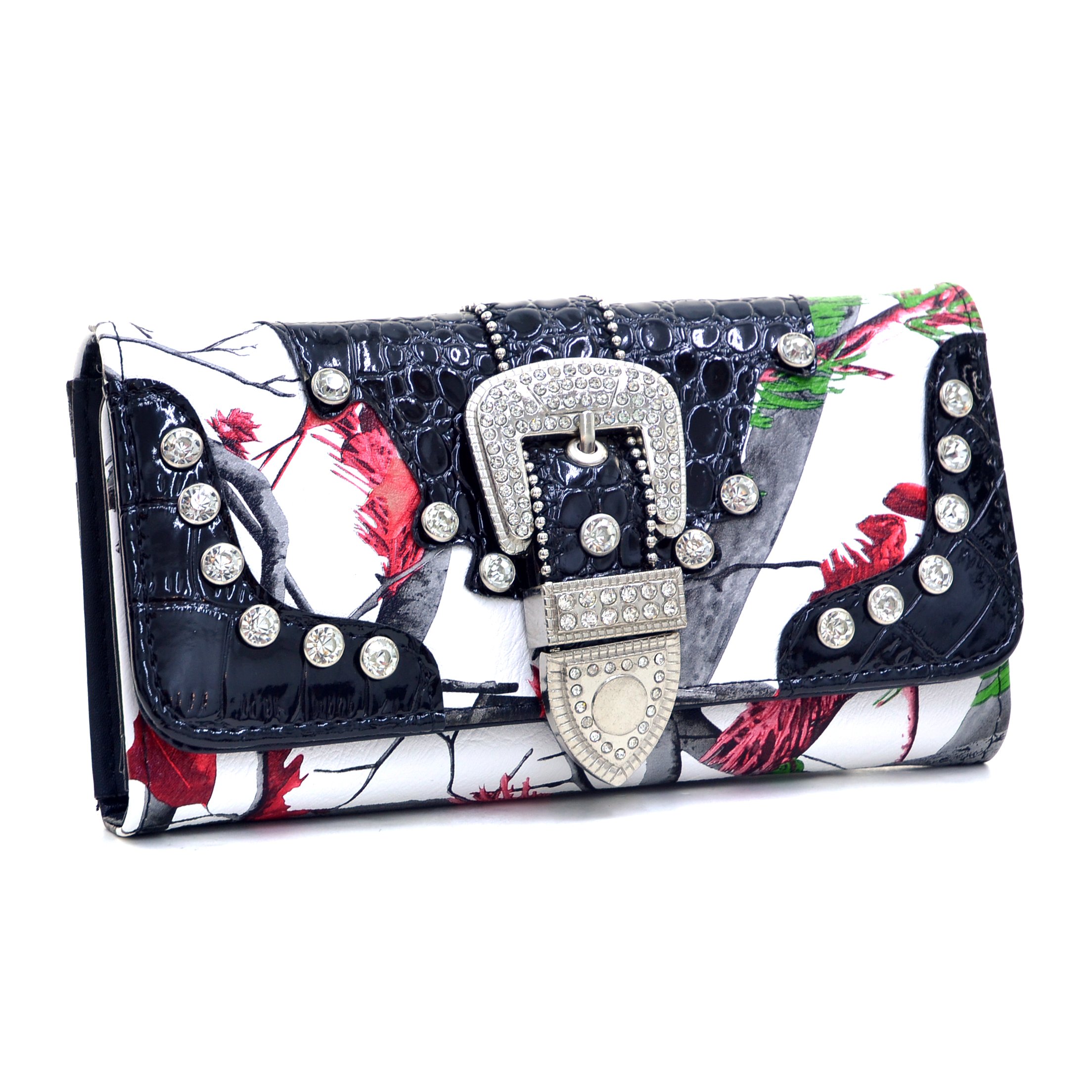 Western Purse Rhinestone Buckle Accent Handbag & Matching Wallet Set - Red/Black/White
