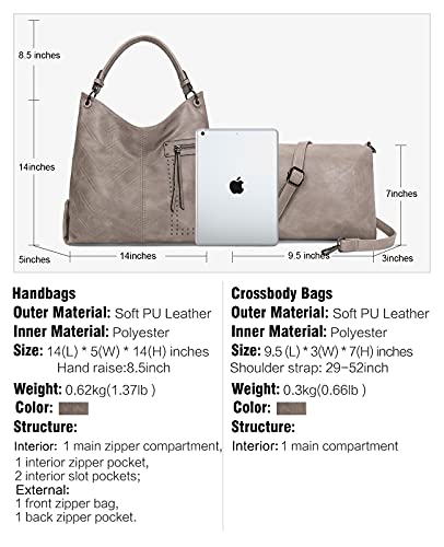 FADEON Leather Hobo Bags for Women Large Zipper Shoulder Purses Designer light Handbags Sets with Organizer … (Dark Grey)