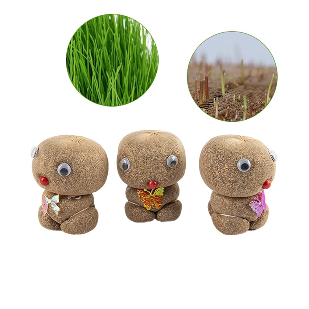 kekafu 2 Pack Growing Grass Head Doll Mini Bonsai Grass Head Plants Potted Craft DIY Educational Gifts for Children Office Garden Decoration Supplies, Random Styles