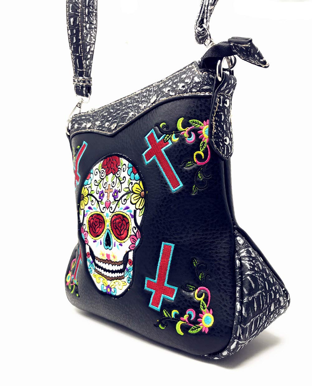 Western Sugar Skull Embroidery Rhinestone Cross Conceal Carry Crossbody Bag Set (Black)