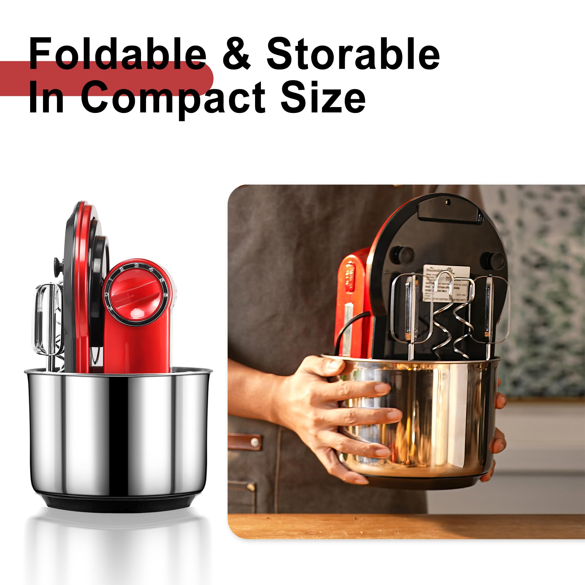 HousesAid Foldable Stand Mixer, 3.7QT Electric Kitchen Mixer, 6 Speeds with Dough Hook & Beater, Space-Saving Design for Small Kitchen, Ideal for Baking & Daily Use, Red