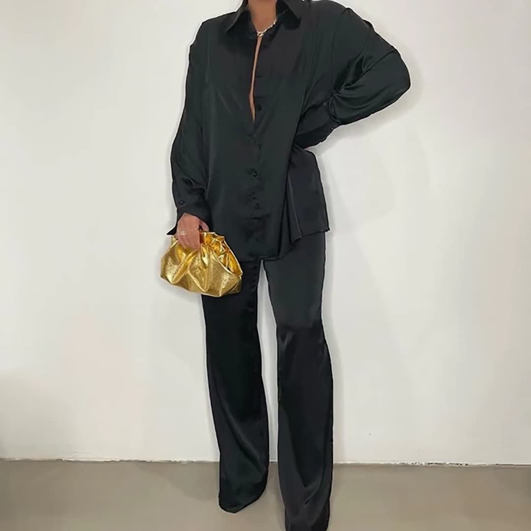 Elainone Satin Two Piece Outfits for Women Button Down Long Sleeve Shirt and High Waist Casual Pants Set Work Outfits Black XL