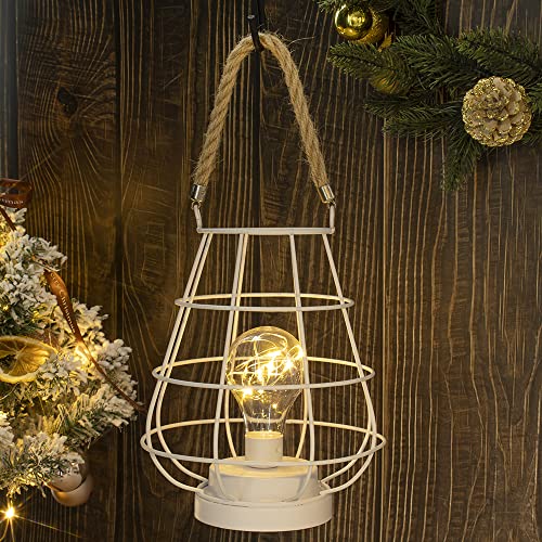JHY DESIGN Decorative Cage Bulb Lamp Battery Powered Lights 8.5" Tall Cordless Accent Light with Edsion Style Bulb Great for Weddings Parties Patio Events for Indoors Outdoors(White)