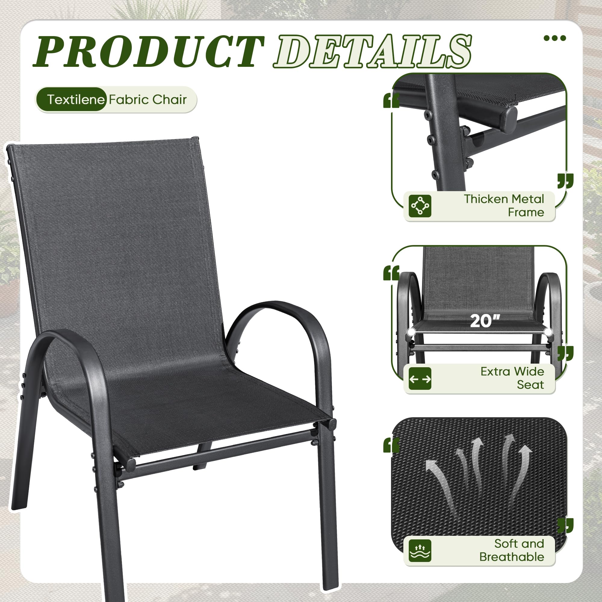 Homall Patio Chairs Teslin Stackable Outdoor Chairs Dining Chairs Set of 4 for Lawn Balcony Porch Outside (Black)