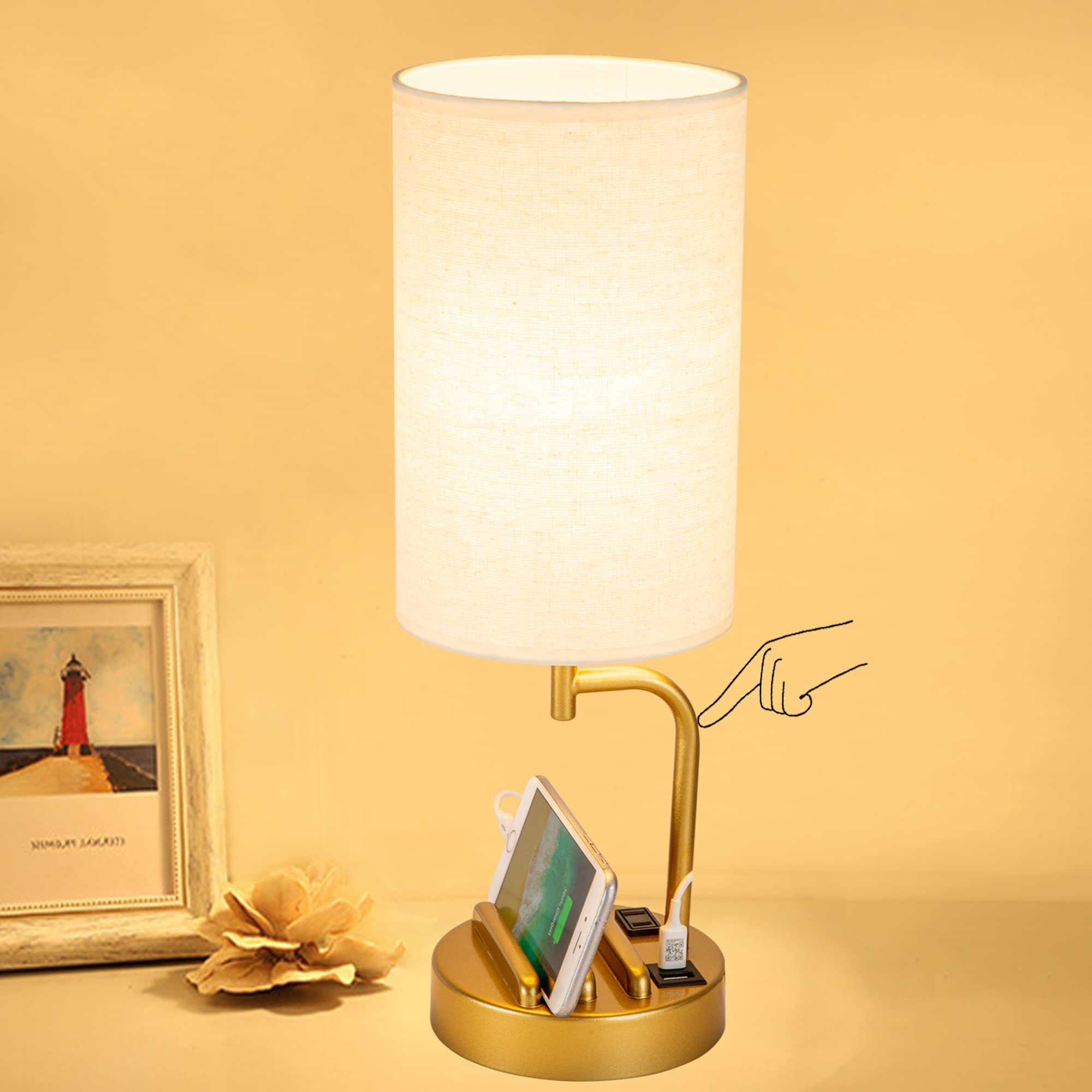 Dreamholder Touch Control USB Table Lamp, Upgraded 3-Way Dimmable Bedside Desk Lamp with USB C & A Charging Ports and AC Outlet, Nightstand Lamp for Bedroom, Dimmable 9W LED Bulb Included