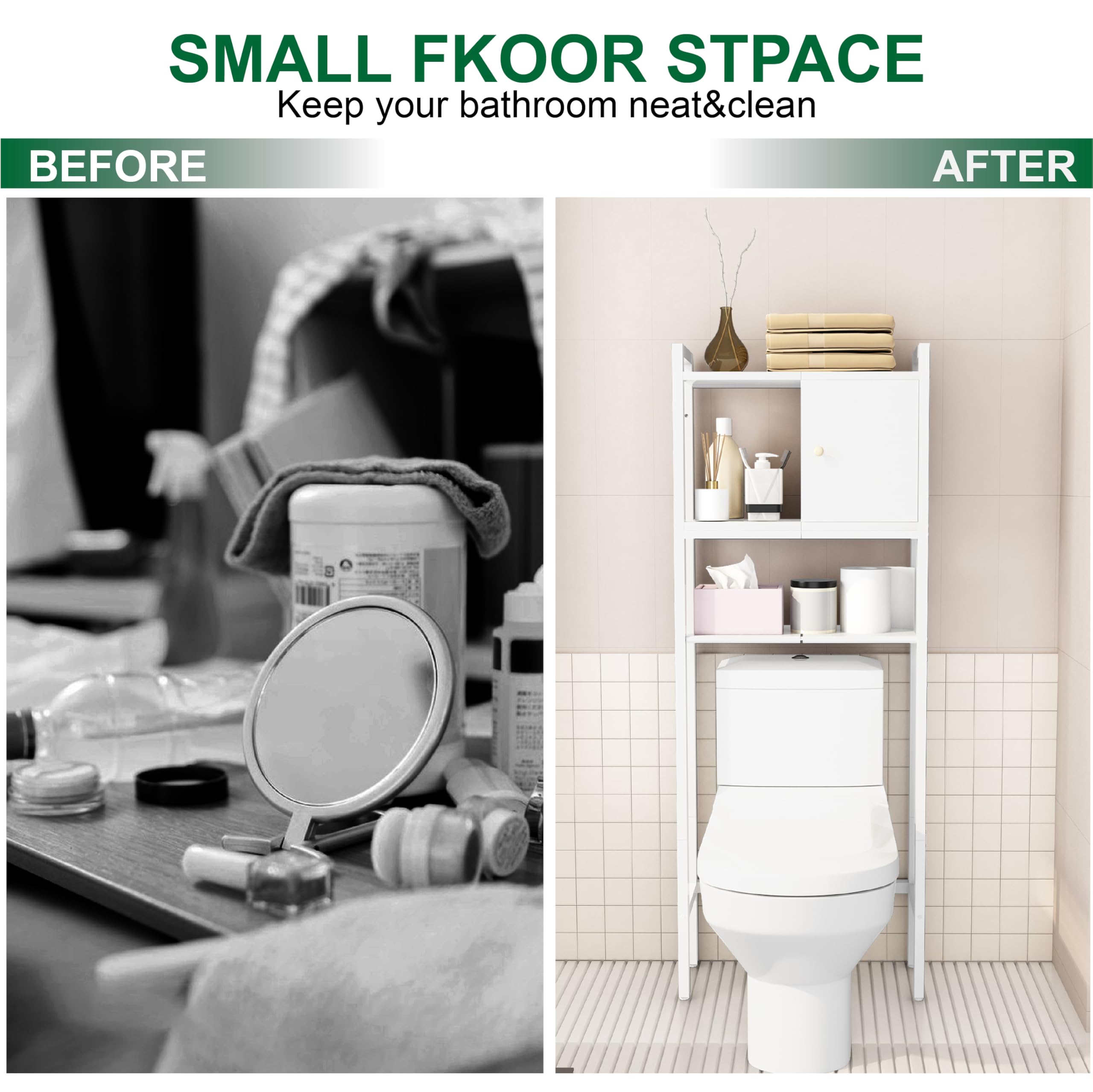 Over The Toilet Storage, 3 Tier Bathroom Organizer, Storage for Free Standing Wood Cabinet, Multifunctional Above Toilet Storage,White
