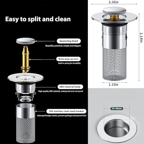 Stainless Steel Floor Drain Filter,Bathroom Sink Stopper Hair Catcher with Removable Stainless Steel Filter Basket Hair Catcher,Isolate Odor Pop Up Sink Drain Filter(2Pcs)