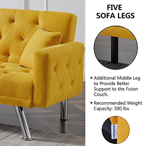 mikibama 76 Inch Futon Sofa Bed with Cup Holders, Linen Convertible Folding Futon Couch with Adjustable Backrest and Throw Pillows for Living Room, Tufted Sleeper Sofa with Metal Legs (Yellow)