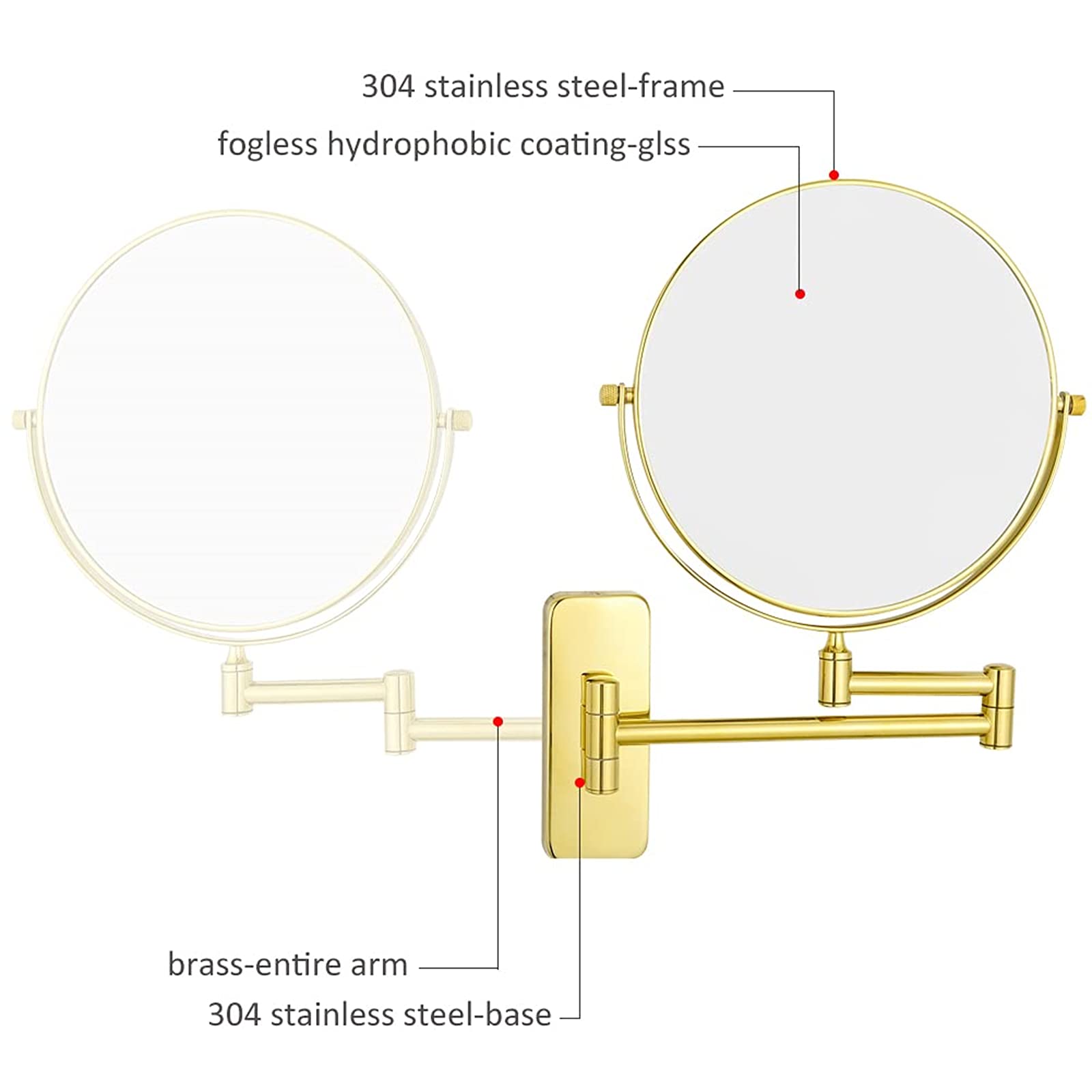 LARRO Wall Mounted Makeup Mirror, 8 inch Gold Finish Double Sided Magnifying Shaving Mirror, Extendable Bathroom Round Cosmetic Vanity Mirrors,7X (Color : 10x)