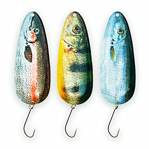 ETIC Poseidon 4 œ", 2oz Fishing Spoons Kit 100% Made of Brass, 3 pcs Fishing Lures, Tackle, Hooks, Baits, Spinning, Casting, Trolling for Trout, Salmon, Pike, Walleye, Bass and Mores