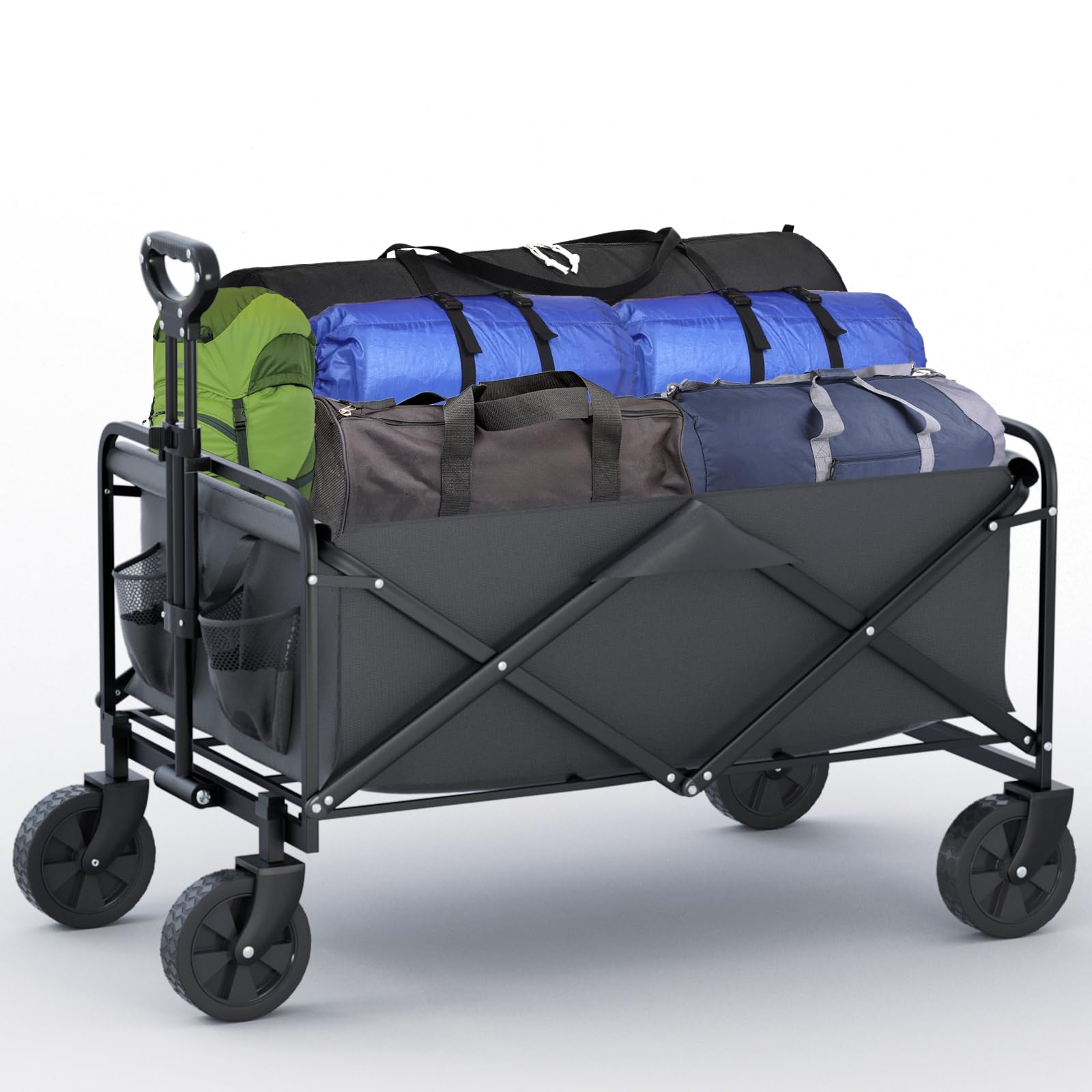 Dreamquest Collapsible Folding Beach Wagon Heavy Duty, Load 420Lbs Foldable Wagon Cart with Dual Brakes and Beverage Cup Holders,Gardening Wagon, All-Terrain Big Wheels for All Roads